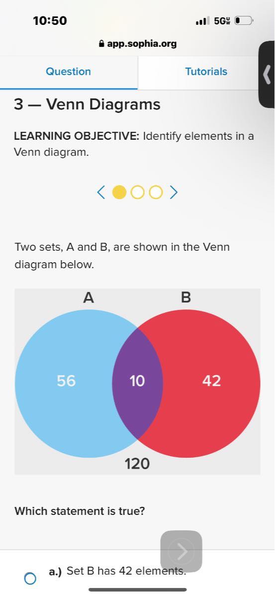 10:50 5G app.sophia.org Question Tutorials 3 - Venn Diagrams LEARNING OBJECTIVE: Identify ...