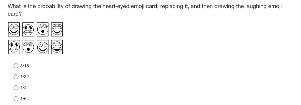 What is the probability of drawing the heart-eyed emoji card, replacing ...