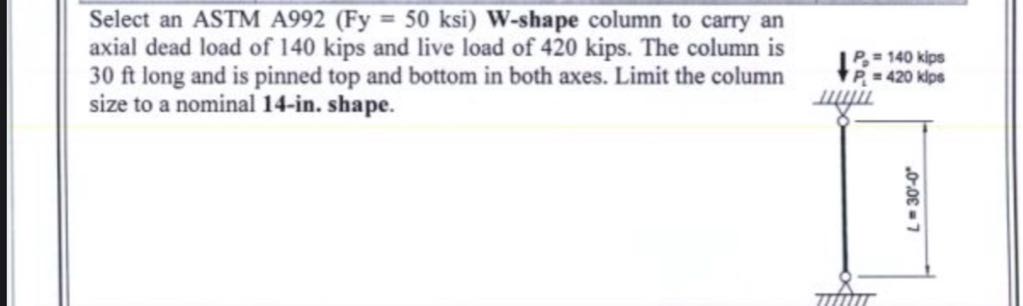 Select an ASTM A992 (Fy=50 ksi) W-shape column to carry an axial dead ...