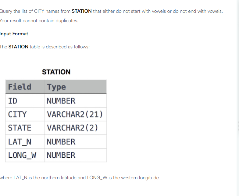 query the list of city names from station that either do not start with vowels or do not end ...