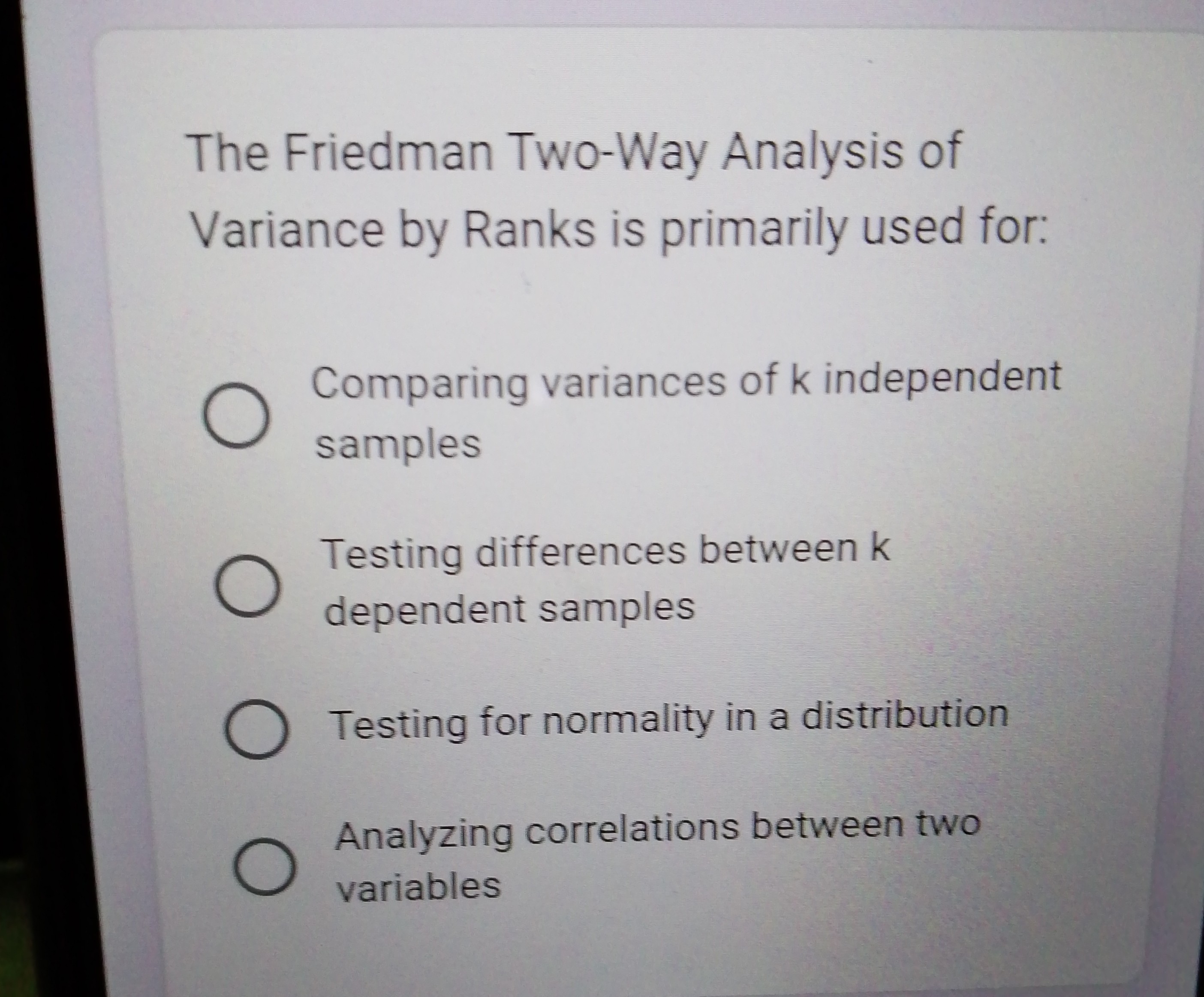 the friedman two way analysis of variance by ranks is primarily used ...