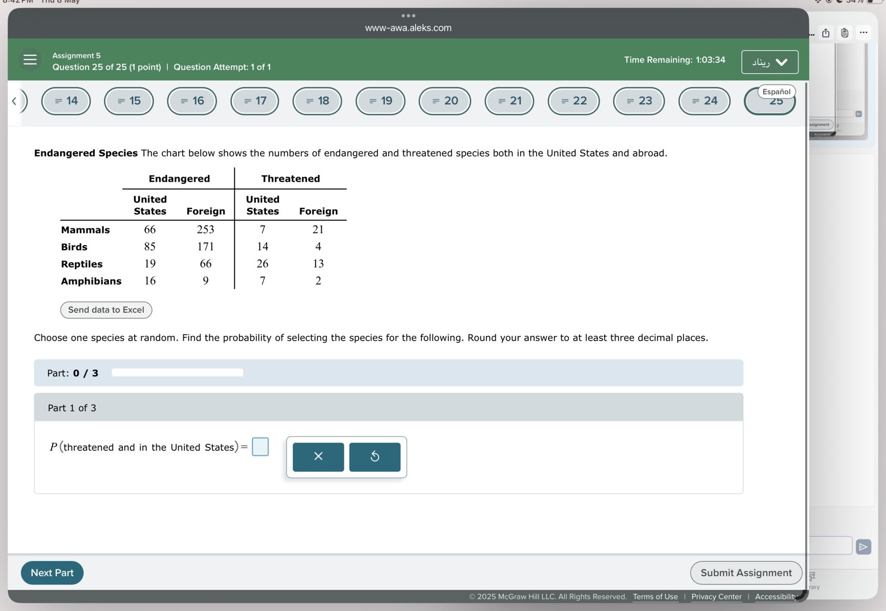 www-awa.aleks.com Assignment 5 Time Remaining: 1:03:34 Question 25 of ...