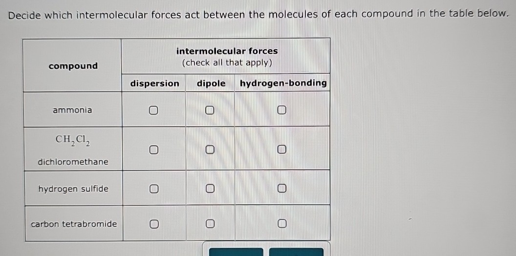 Decide which intermolecular forces act between the molecules of each ...