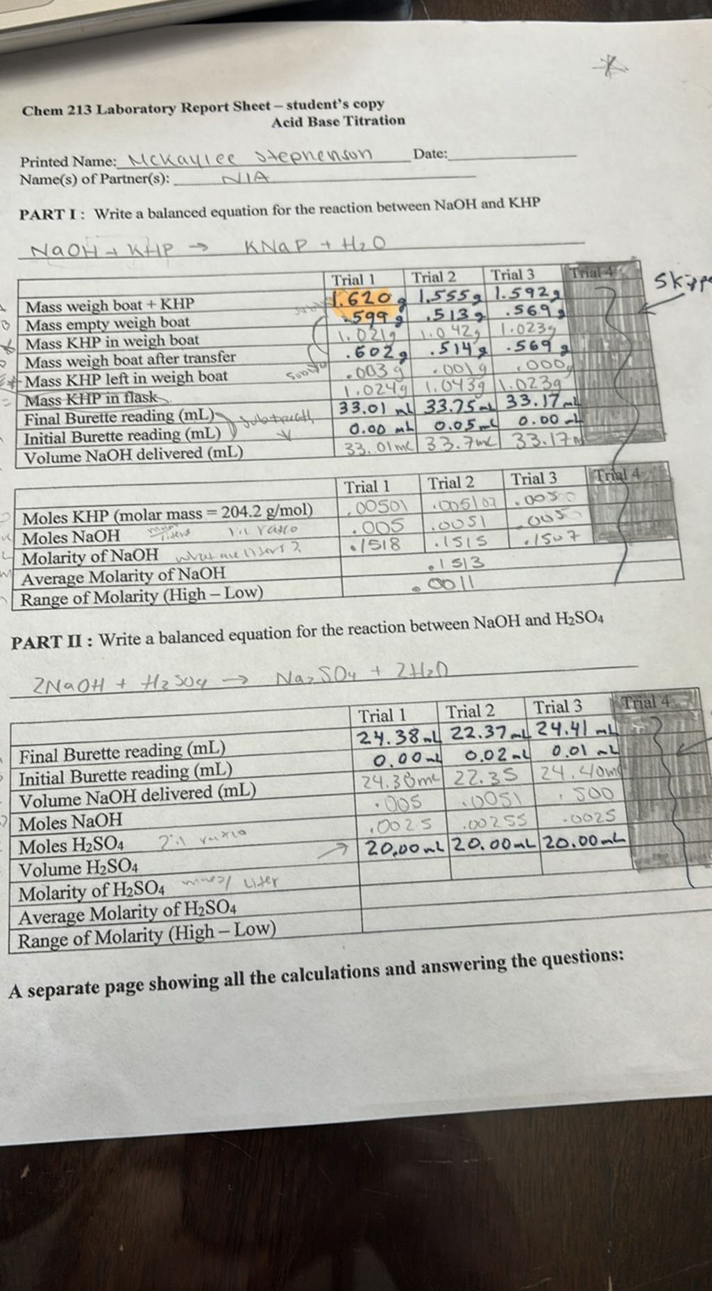 Chem 213 Laboratory Report Sheet - student's copy Acid Base Titration ...