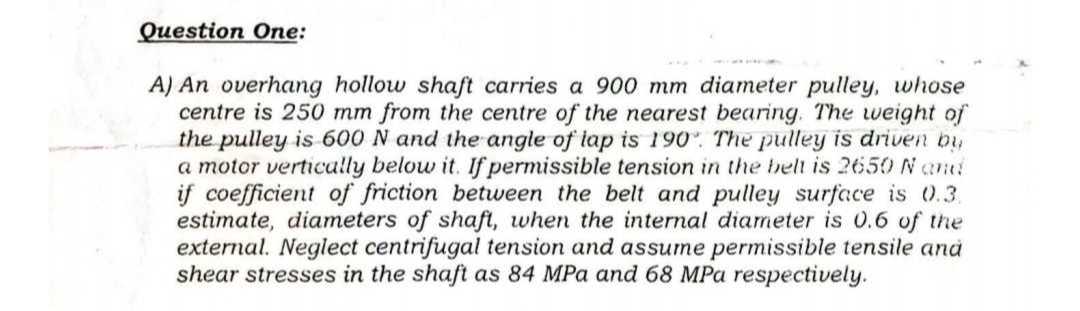 Question One: A) An overhang hollow shaft carries a 900 mm diameter ...