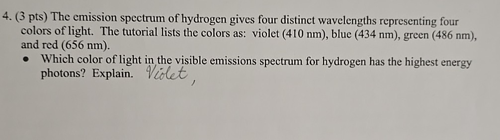 4. (3 pts) The emission spectrum of hydrogen gives four distinct ...