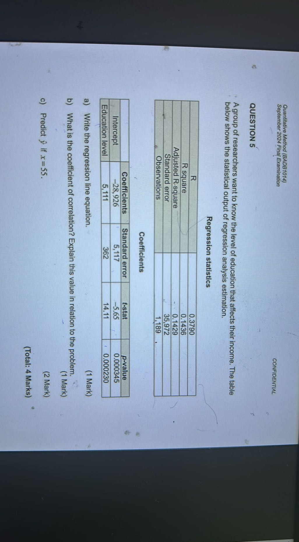 Quantitative Method (BADB1014) September 2024 Final Examination CONFIDENTIAL QUESTION 5 A group ...
