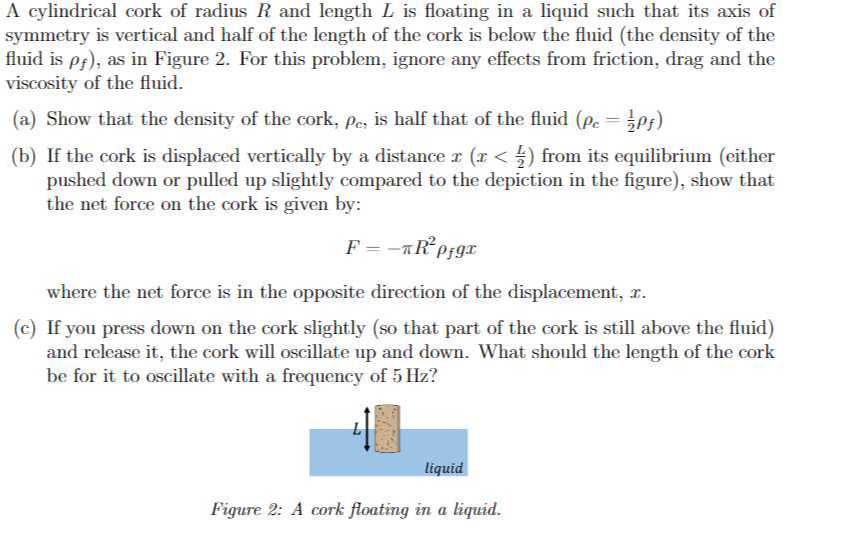 A cylindrical cork of radius R and length L is floating in a liquid ...