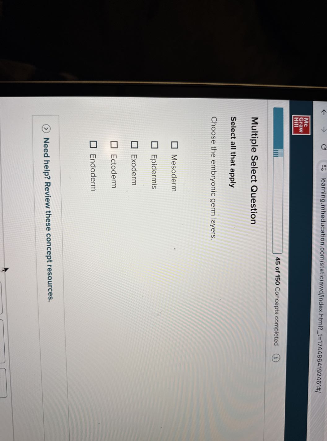 Mc Graw Hill 45 of 150 Concepts completed (i) Multiple Select Question ...