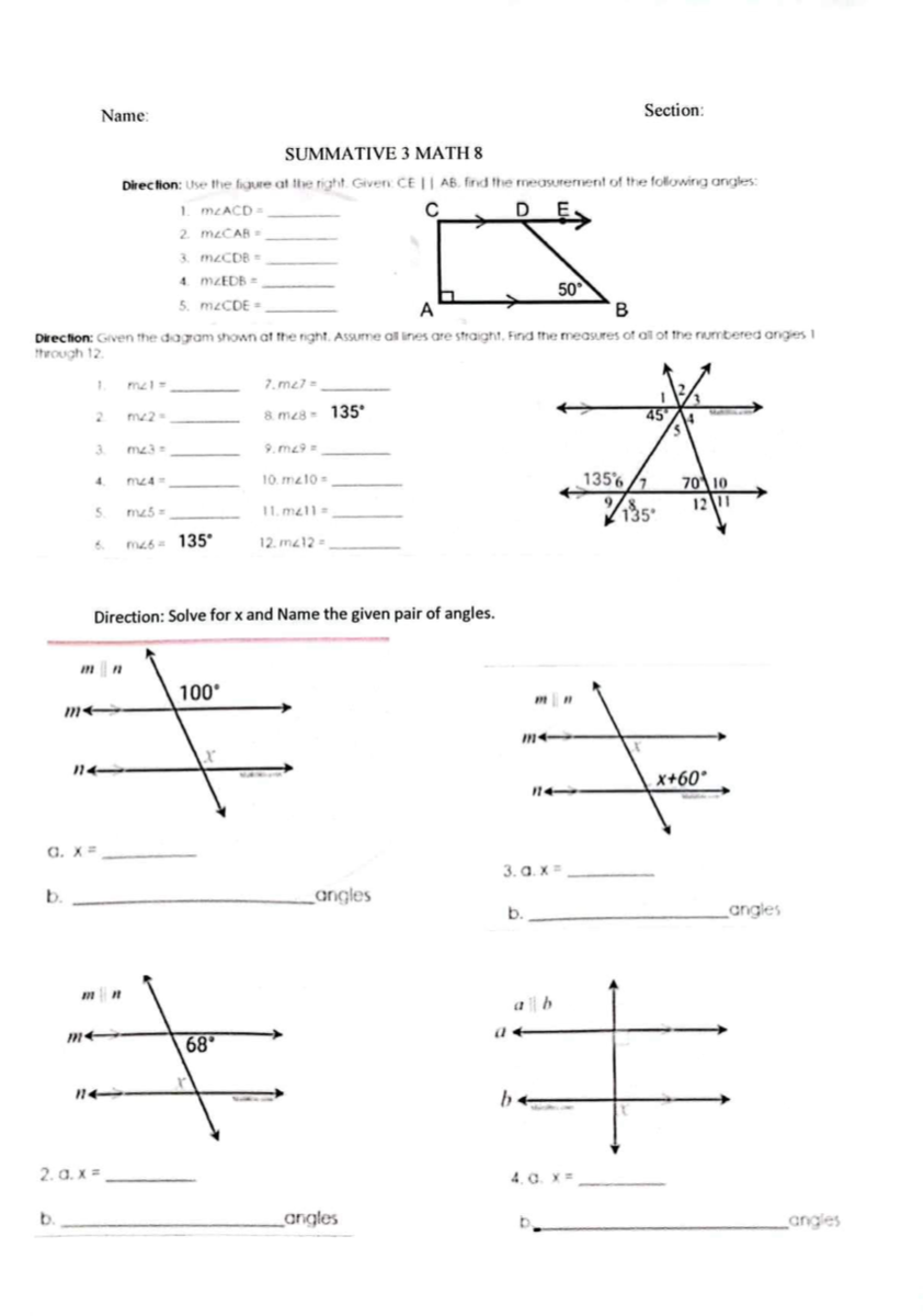 Name: Section: SUMMATIVE 3 MATH 8 Direction: Use the figure at the right. Given CE | | AB. find ...