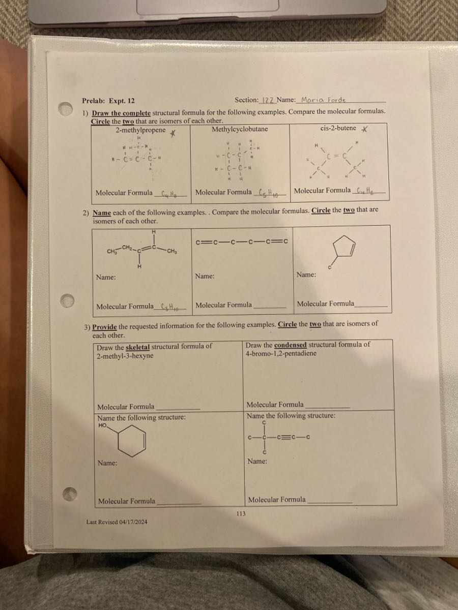 prelab expt 12 section 122 name maria forde qquad 1 draw the complete ...