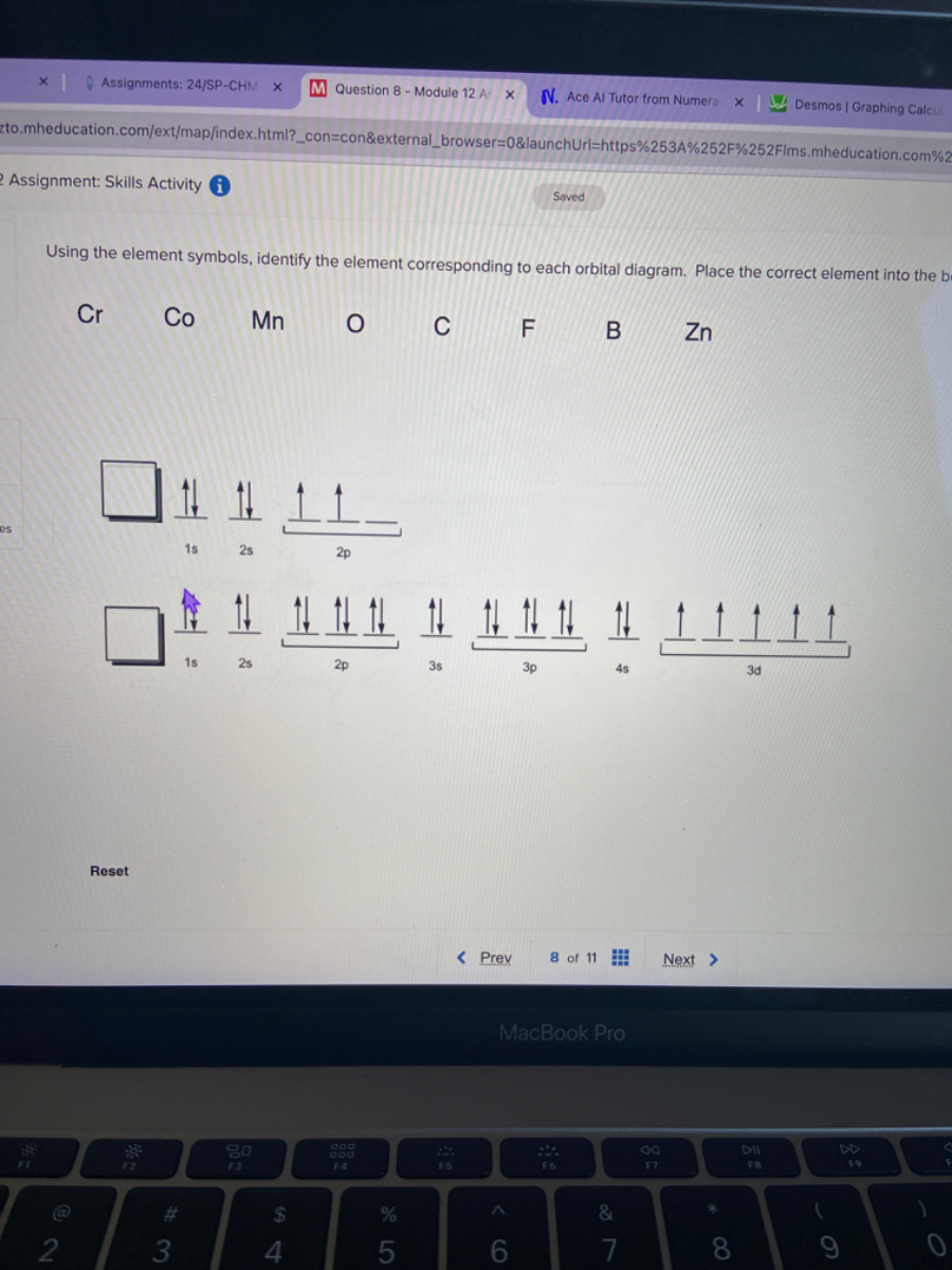 Assignments: 24/SP-CHM × Question 8 - Module 12 A N. Ace Al Tutor from Numere × Desmos ...