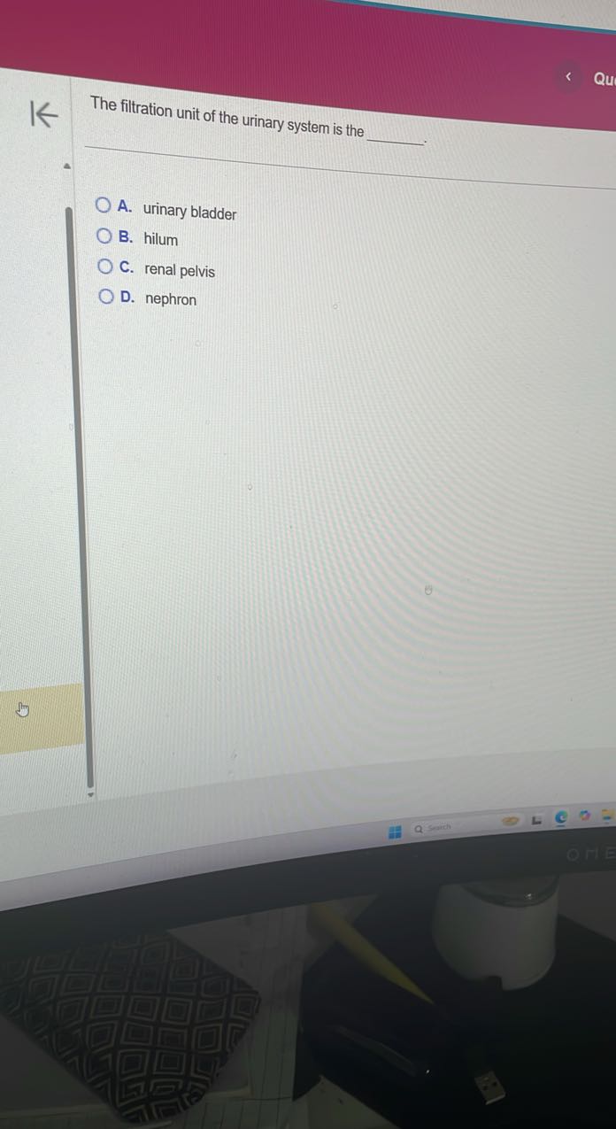 The filtration unit of the urinary system is the A. urinary bladder B ...