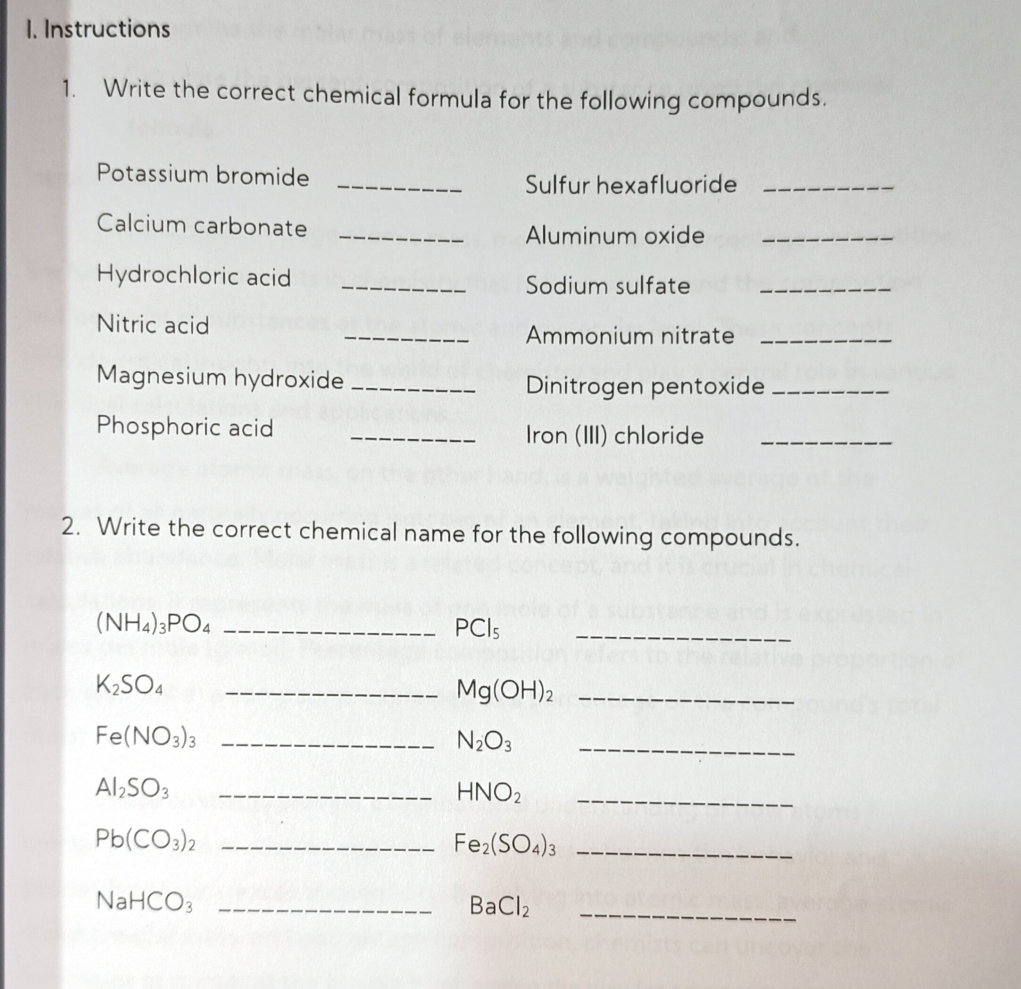 i instructions 1 write the correct chemical formula for the following compounds potassium ...