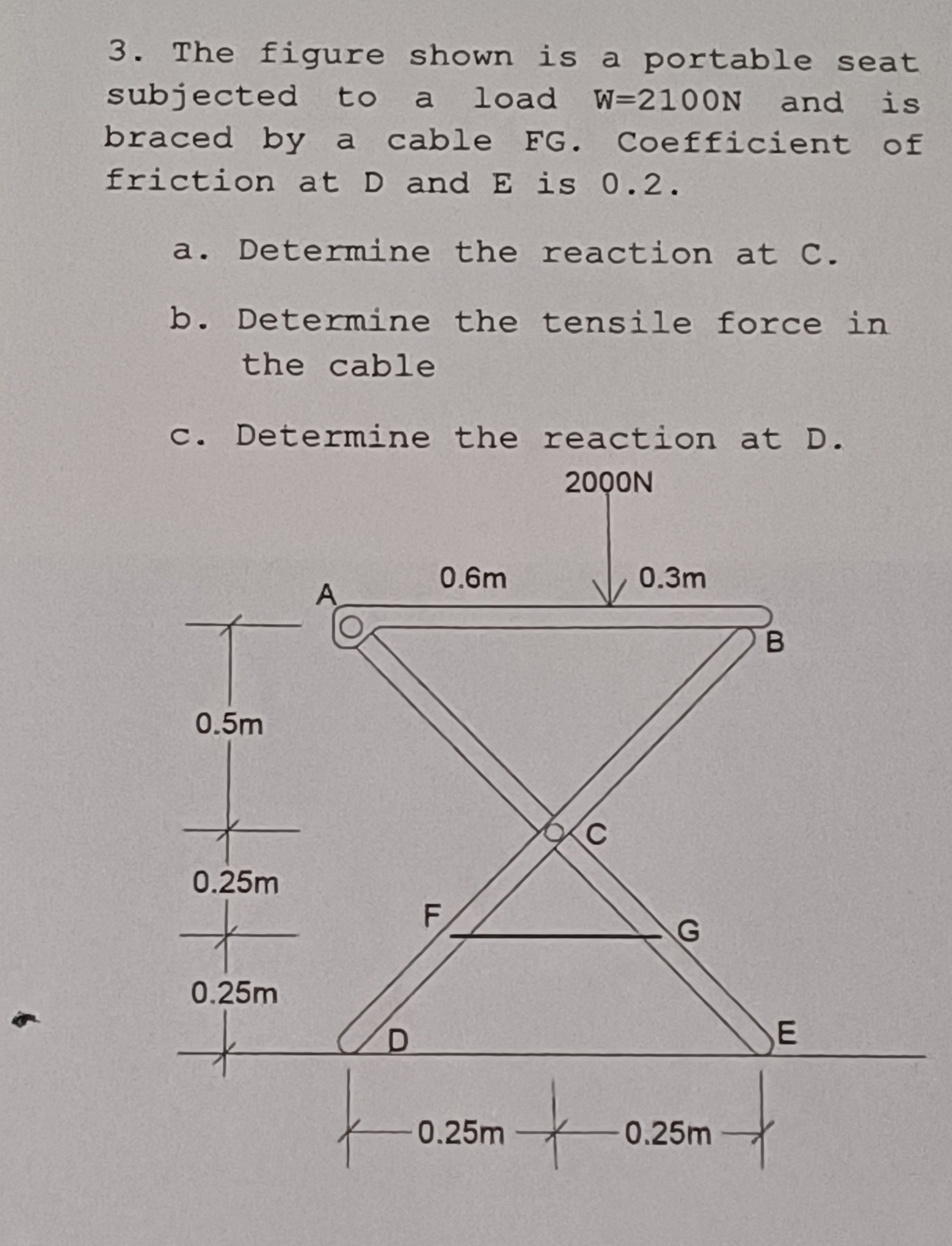 3. The figure shown is a portable seat subjected to a load W=2100 N and ...