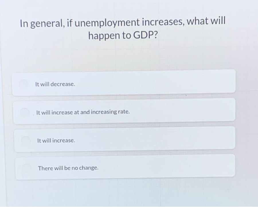 In general, if unemployment increases, what will happen to GDP? It will ...