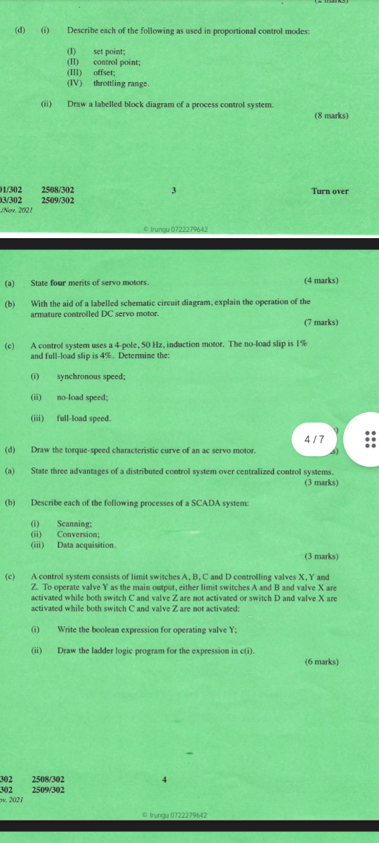(d) (i) Describe each of the following as used in proportional control ...