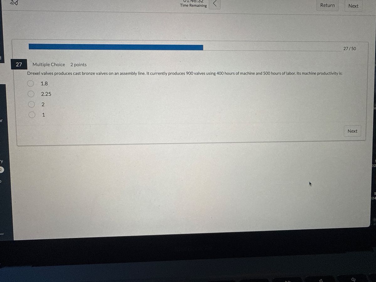 [GET ANSWER] Time Remaining Return Next 27 Multiple Choice 2 points ...