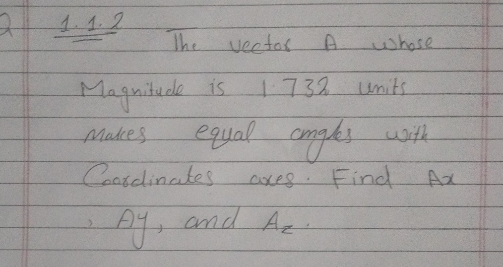 1.1.2 The vector A whose Magnitude is 1732 units makes equal angles ...