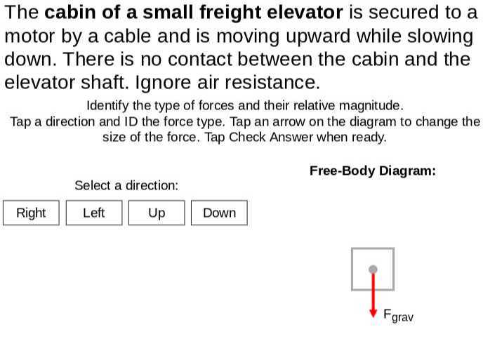 the cabin of a small freight elevator is secured to a motor by a cable and is moving upward ...