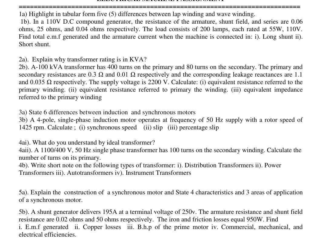 1a highlight in tabular form five 5 differences between lap winding and wave winding 1b in a 110 ...