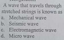 A wave that travels through stretched strings is known as a. Mechanical ...
