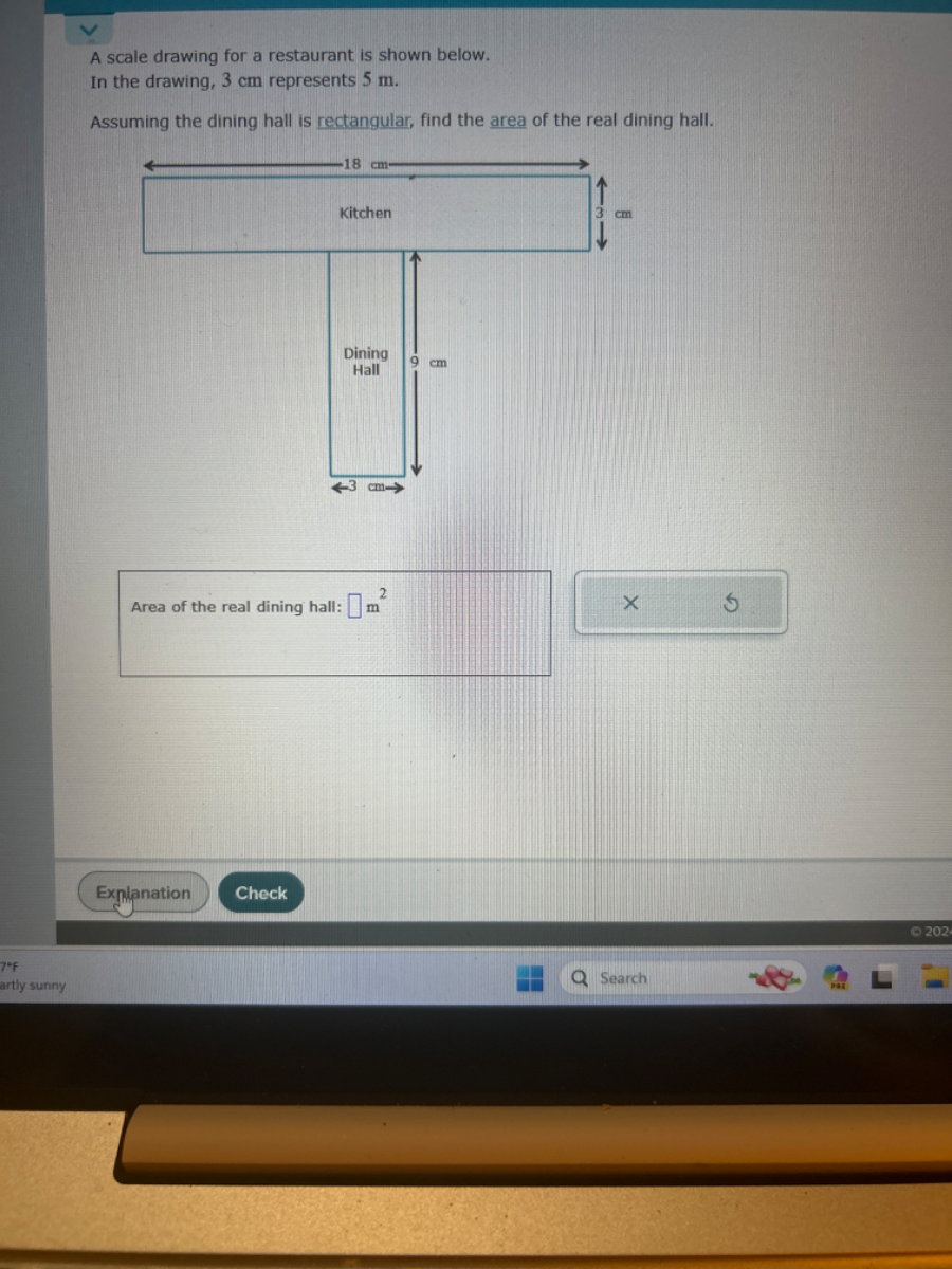 A scale drawing for a restaurant is shown below. In the drawing, 3 cm ...
