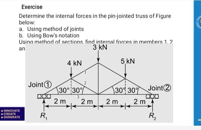 Exercise Determine the internal forces in the pin-jointed truss of Figure below: a. Using method ...