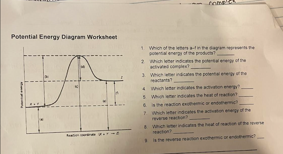 Potential Energy Diagram Worksheet 1. Which of the letters a-f in the ...