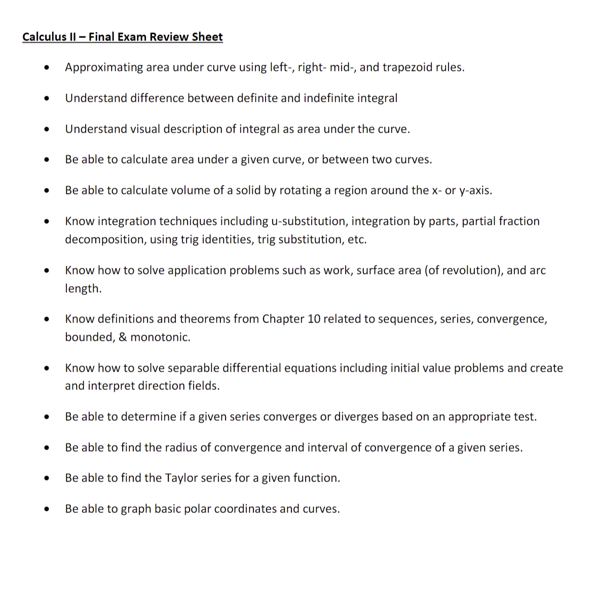 Calculus II - Final Exam Review Sheet - Approximating area under curve ...