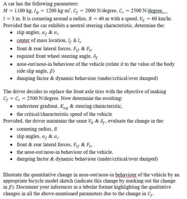 a car has the following parameters m1100 mathrmkg ipsi1200 mathrmkg ...