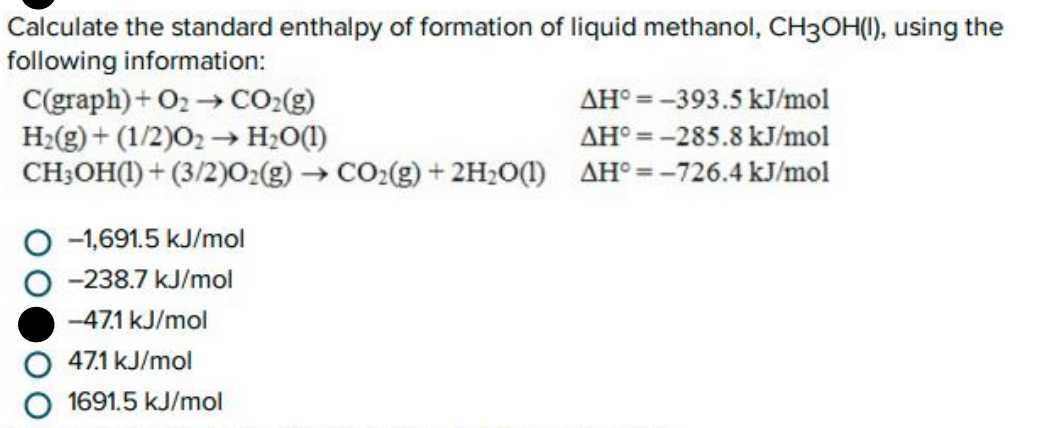 Calculate the standard enthalpy of formation of liquid methanol, CH3OH(l), using the following ...