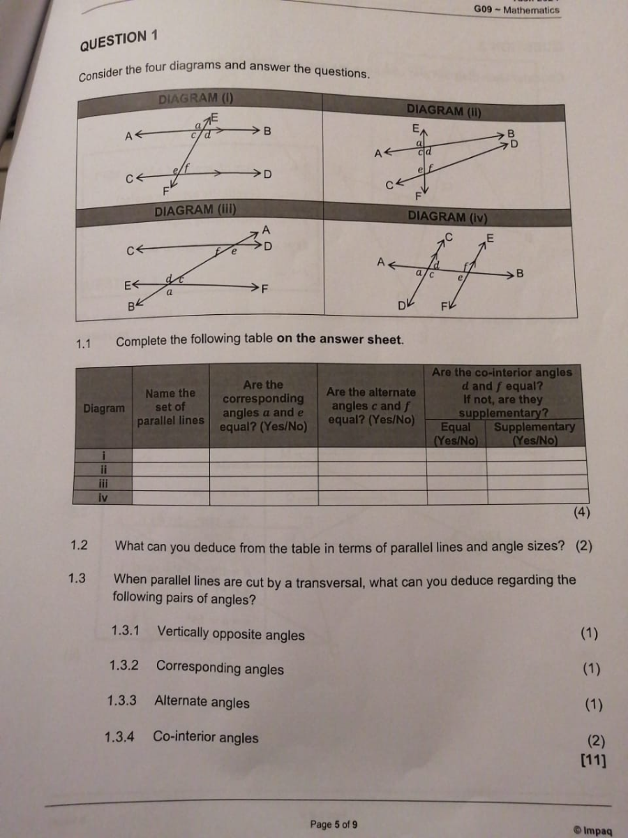 G09 - Mathematics QUESTION 1 Consider the four diagrams and answer the ...