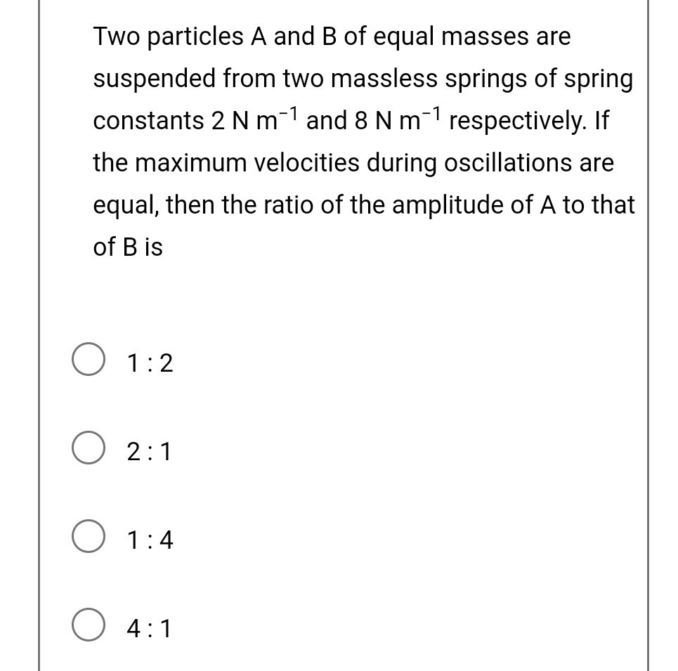 Two particles A and B of equal masses are suspended from two massless springs of spring ...