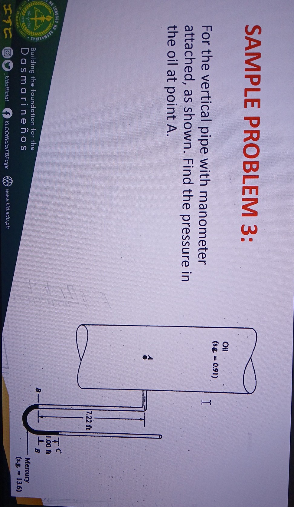 SAMPLE PROBLEM 3: For the vertical pipe with manometer attached, as ...