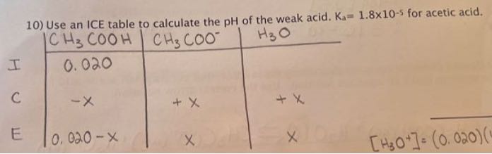 10) Use an ICE table to calculate the pH of the weak acid. Ka=1.8 × 10 ...