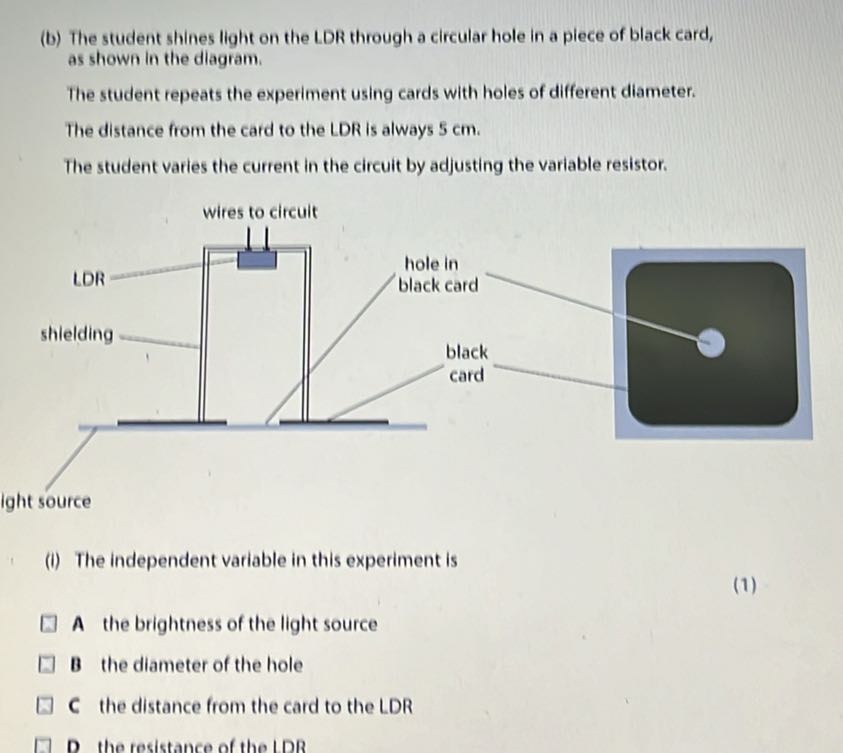 b the student shines light on the ldr through a circular hole in a ...