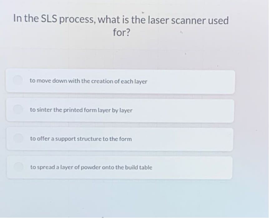 In the SLS process, what is the laser scanner used for? to move down ...