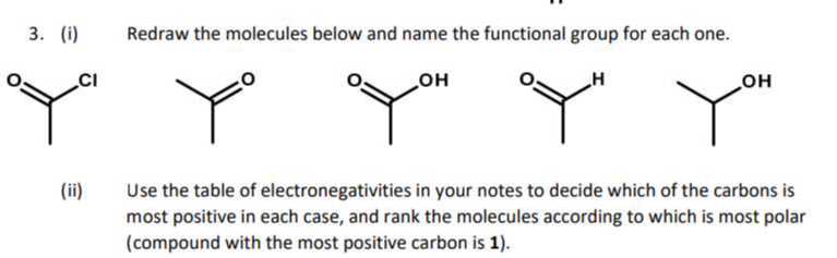 3 i redraw the molecules below and name the functional group for each one ii use the table of ...