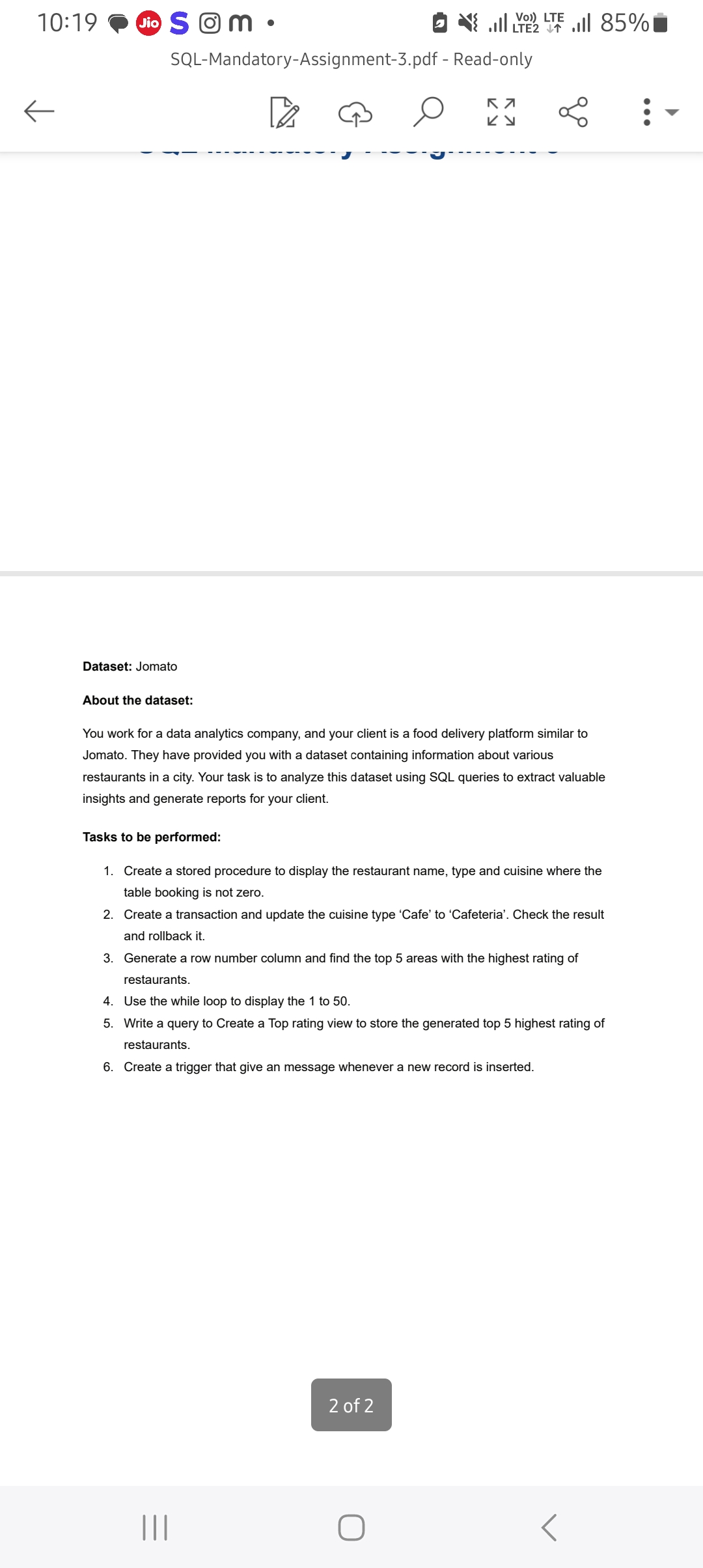 SQL-Mandatory-Assignment-3.pdf - Read-only Dataset: Jomato About the dataset: You work for a ...