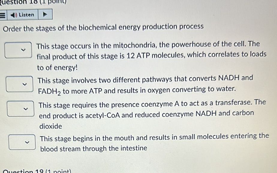 Listen Order the stages of the biochemical energy production process ...