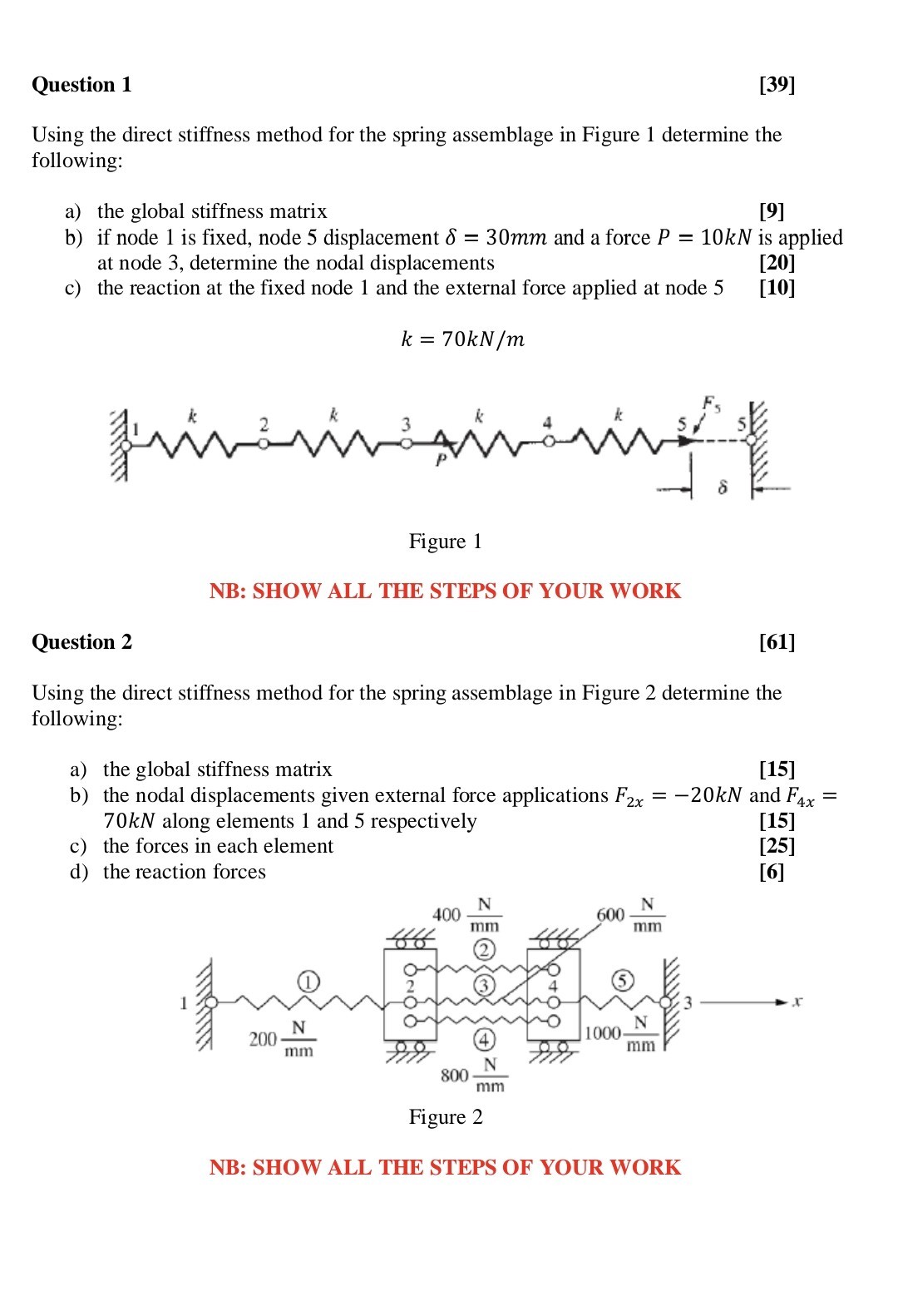 Question 1 [39] Using the direct stiffness method for the spring ...