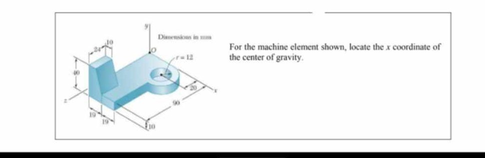For the machine element shown, locate the x coordinate of the center of ...