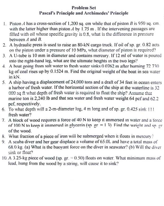 problem set pascals principle and archimedes principle 1 piston a has a ...