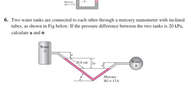 6. Two water tanks are connected to each other through a mercury manometer with inclined tubes ...