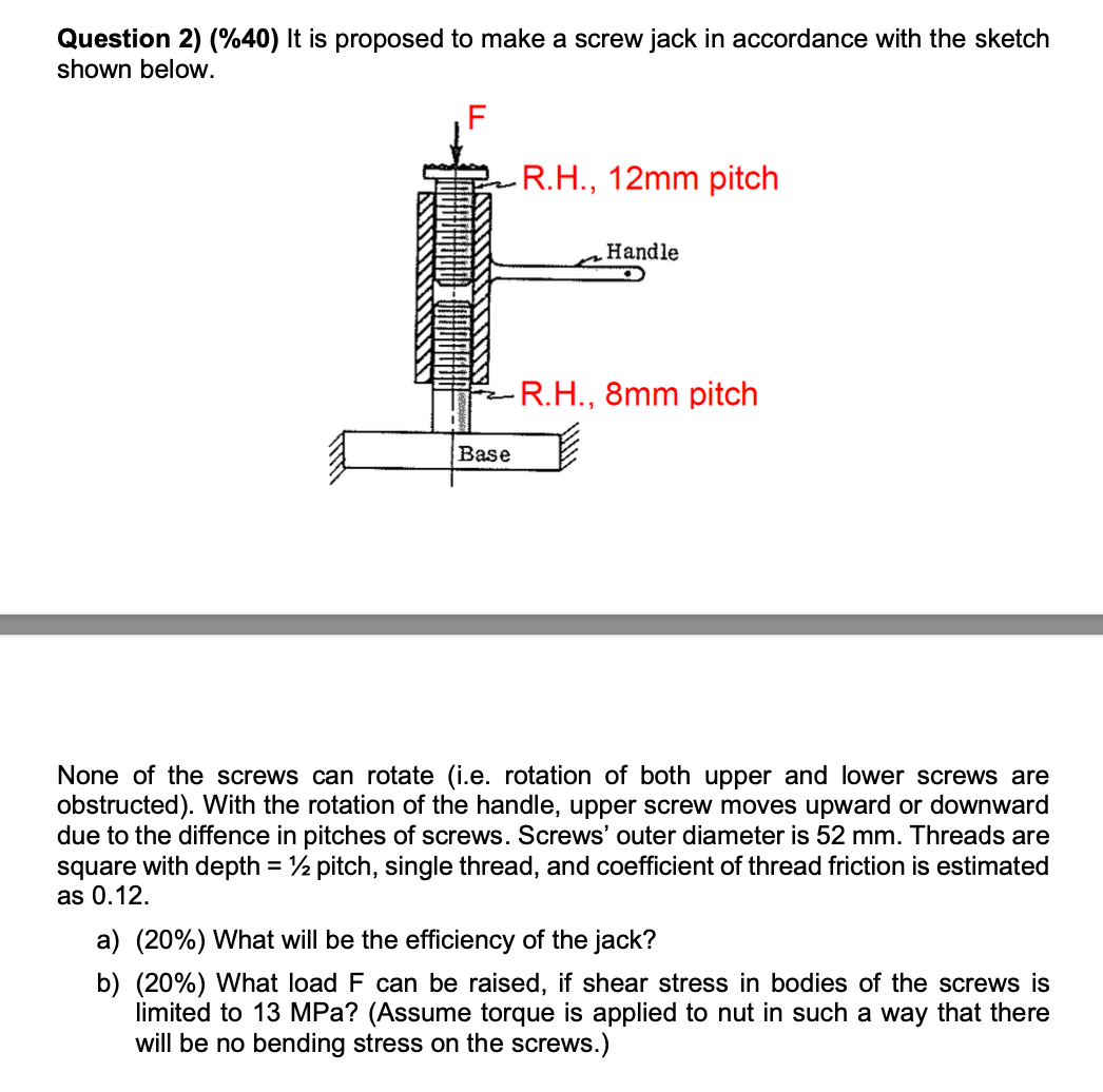 Question 2) (%40) It is proposed to make a screw jack in accordance ...