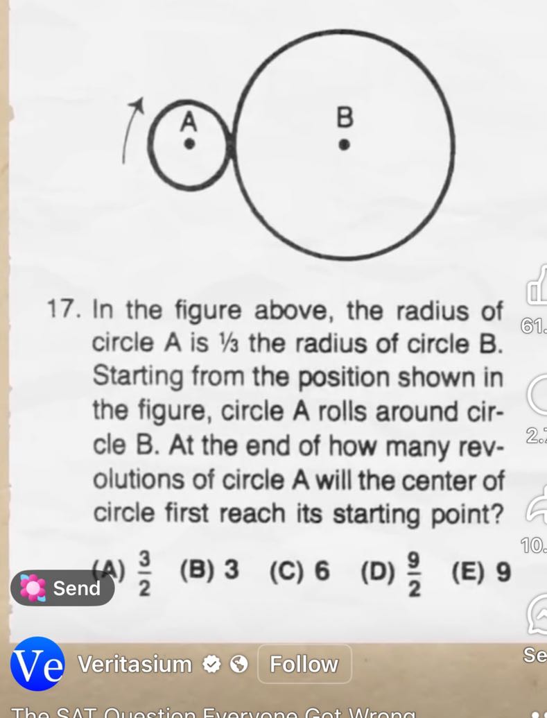 17. In the figure above, the radius of circle A is 1 / 3 the radius of ...