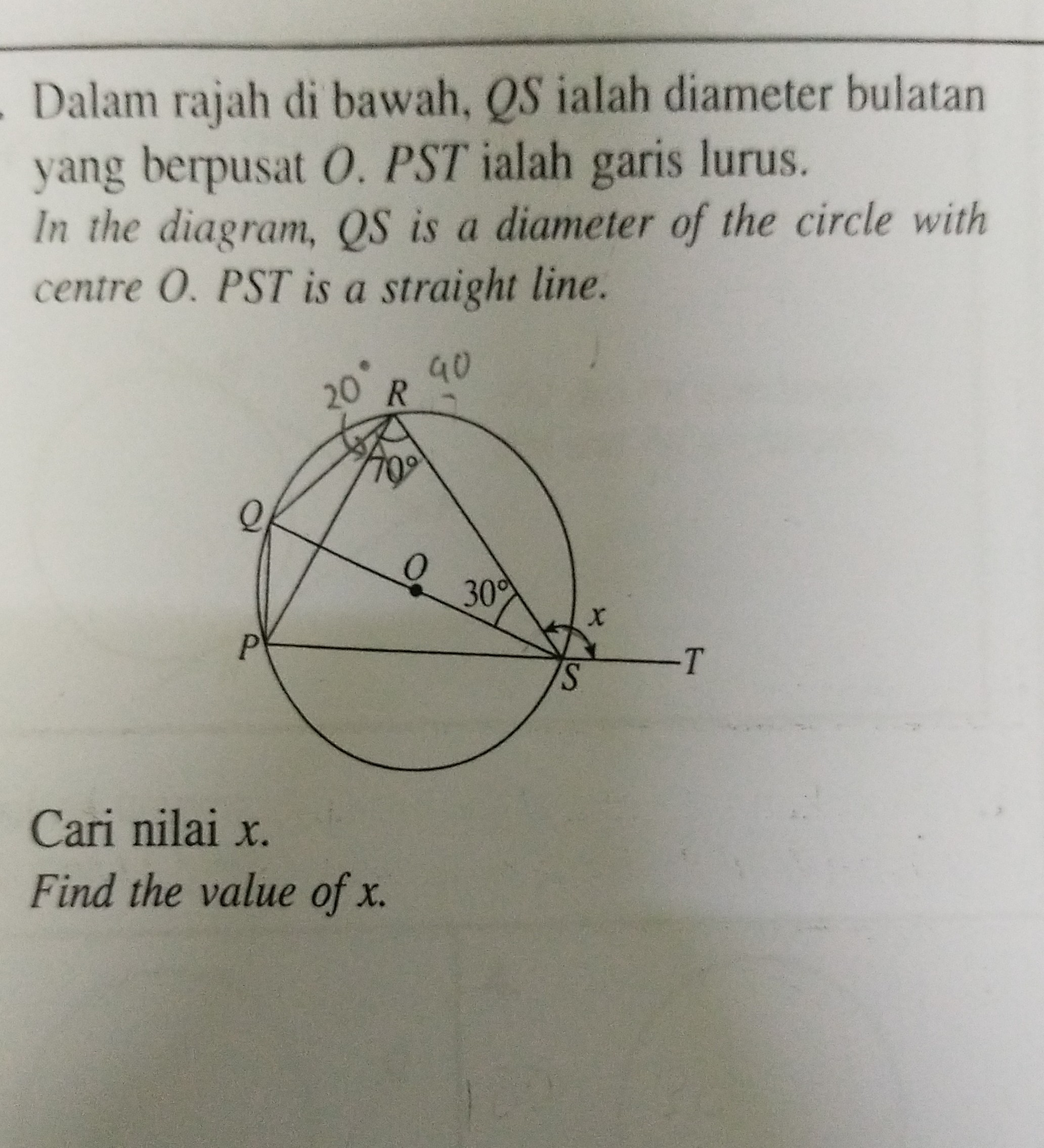 dalam rajah di bawah q s ialah diameter bulatan yang berpusat o pst ...