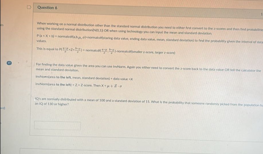 Question 6 1 When working on a normal distribution other than the ...