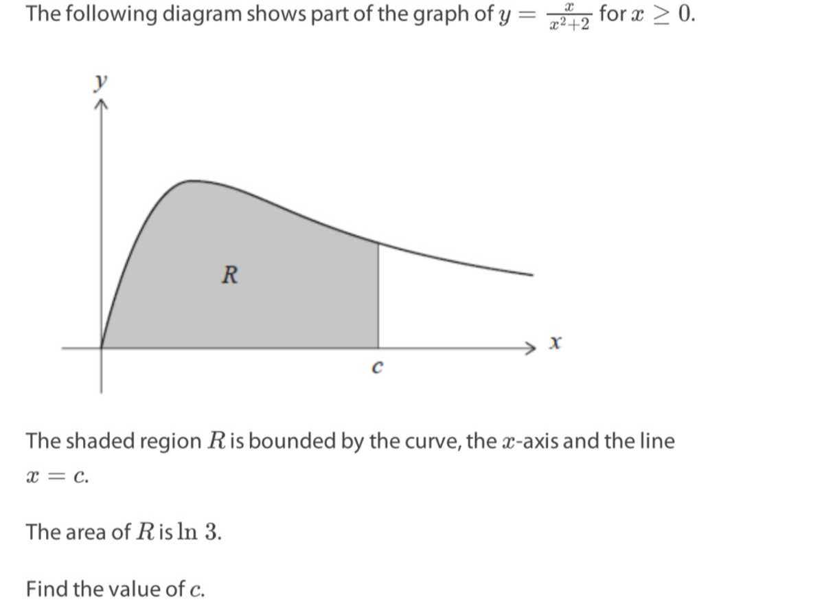 The following diagram shows part of the graph of y=(x)/(x^2+2) for x ≥ 0. The shaded region R is ...